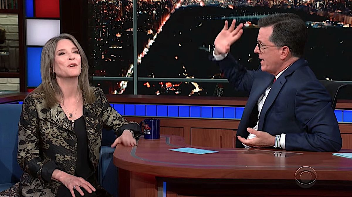 Marianne Williamson and Stephen Colbert talk peace, love, Trump, and ...