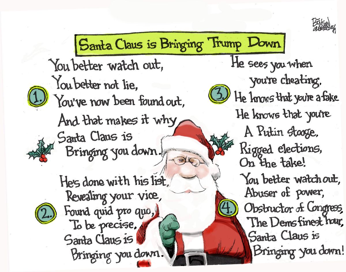 Political Cartoon U.S. Santa Clauss Bringing Trump Down | The Week