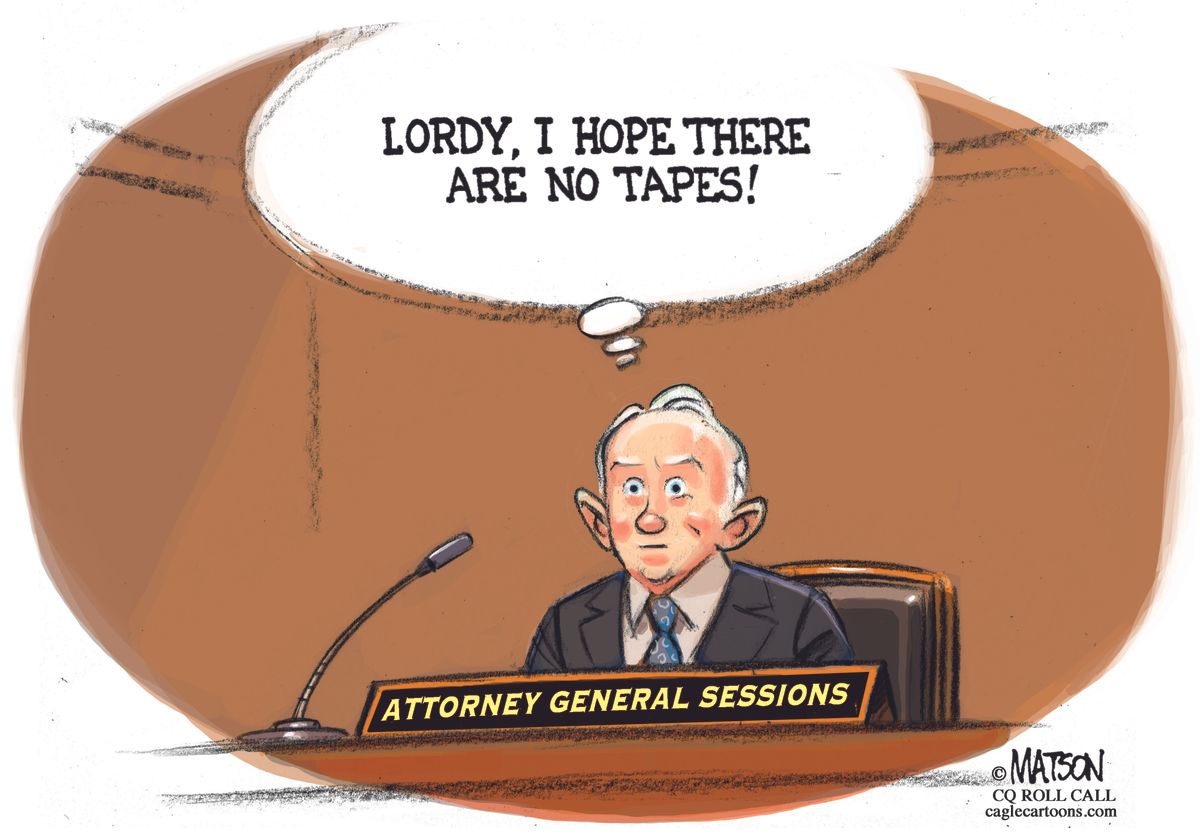 Political cartoon U.S. Jeff Sessions testimony Russia Comey tapes lordy ...