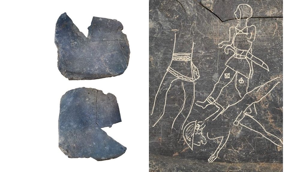 2,500-year-old slate containing drawings of battle scenes and paleo ...
