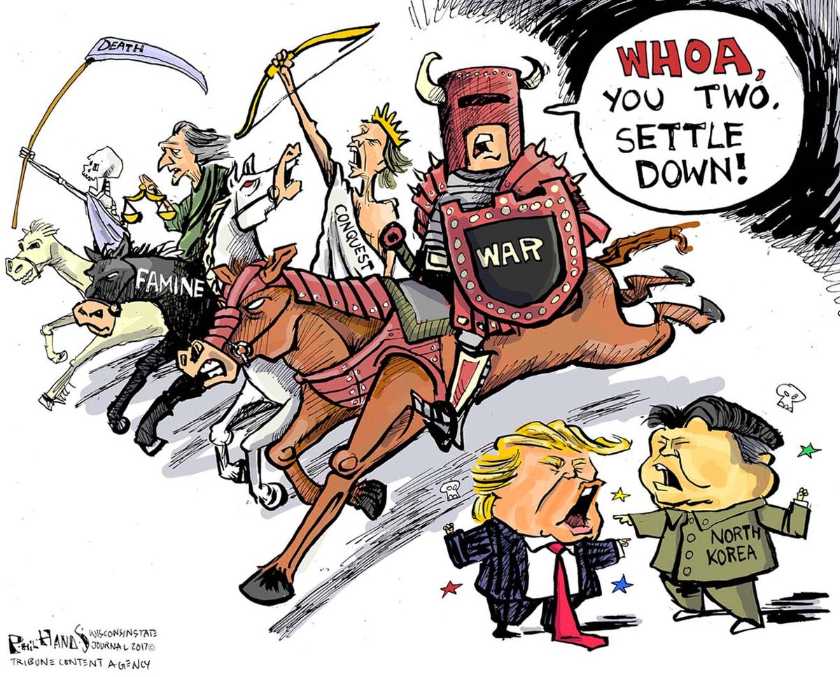 Political cartoon U.S. Trump Kim Jong Un North Korea nuclear threat war ...