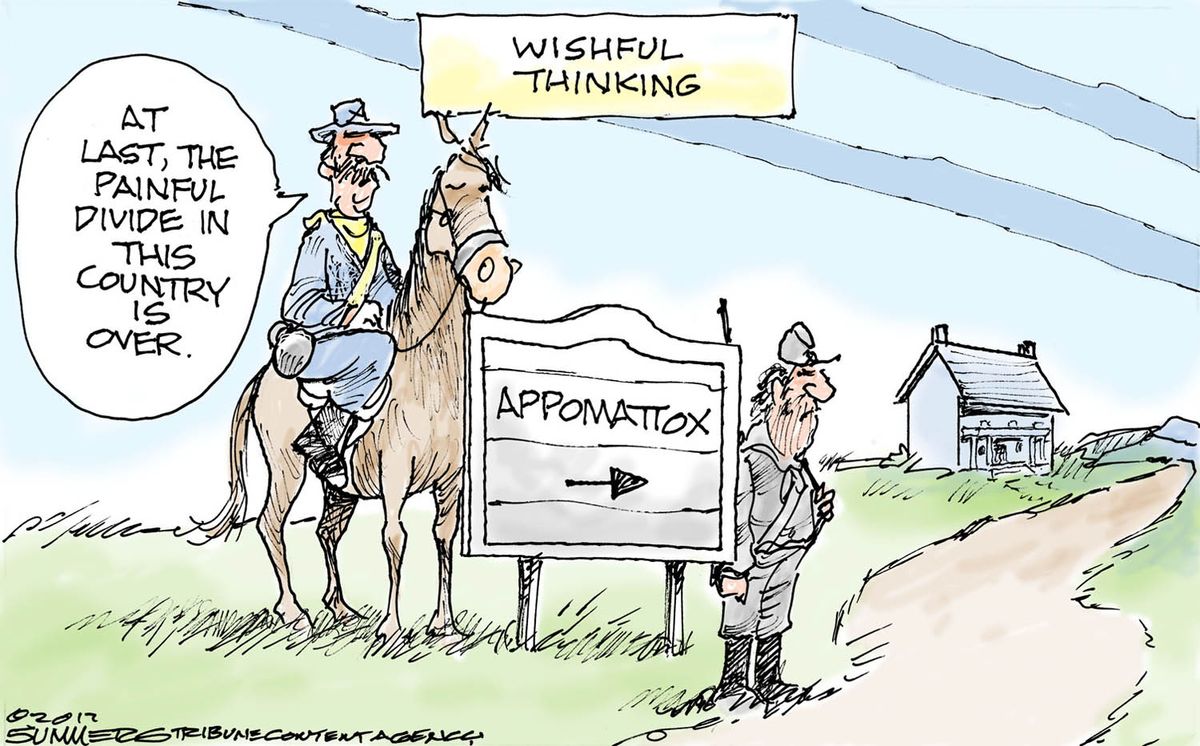 Political cartoon U.S. Civil War racism divide confederate memorial ...