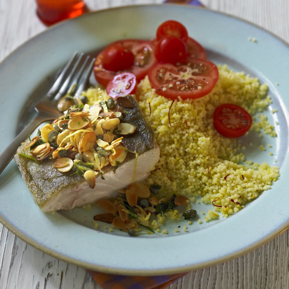 Pan-fried Cod with Saffron Couscous, Almonds and Capers | Drinks ...