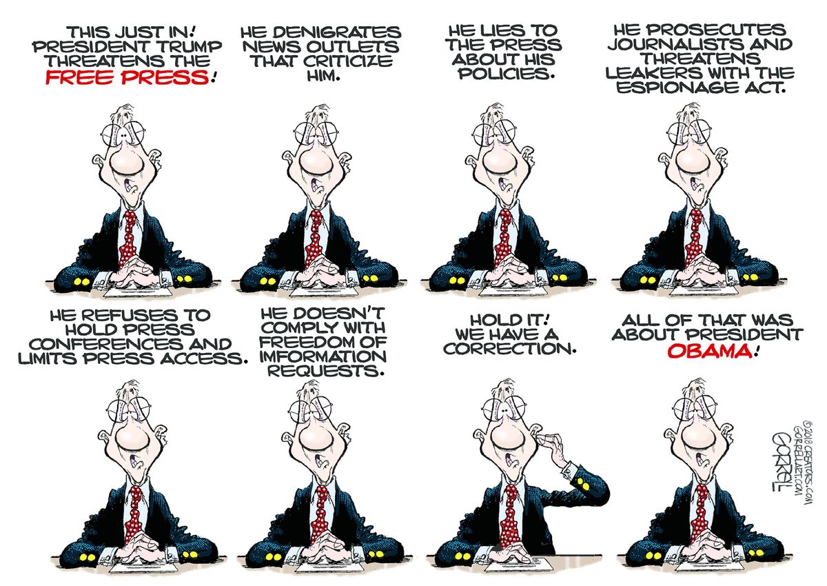 Political cartoon U.S. free press media first amendment Trump Obama ...