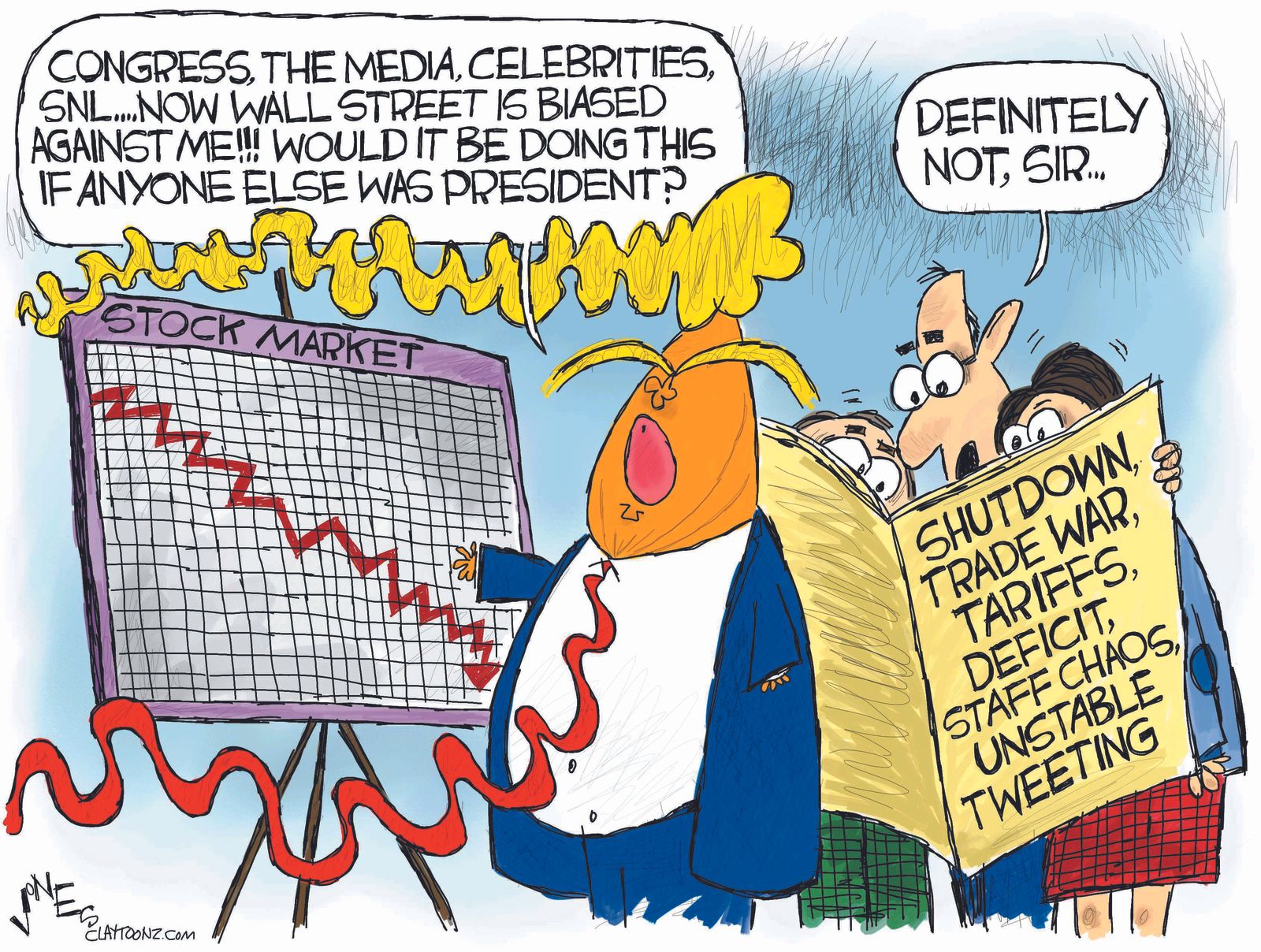 Political cartoon U.S. Trump media bias stock market government ...