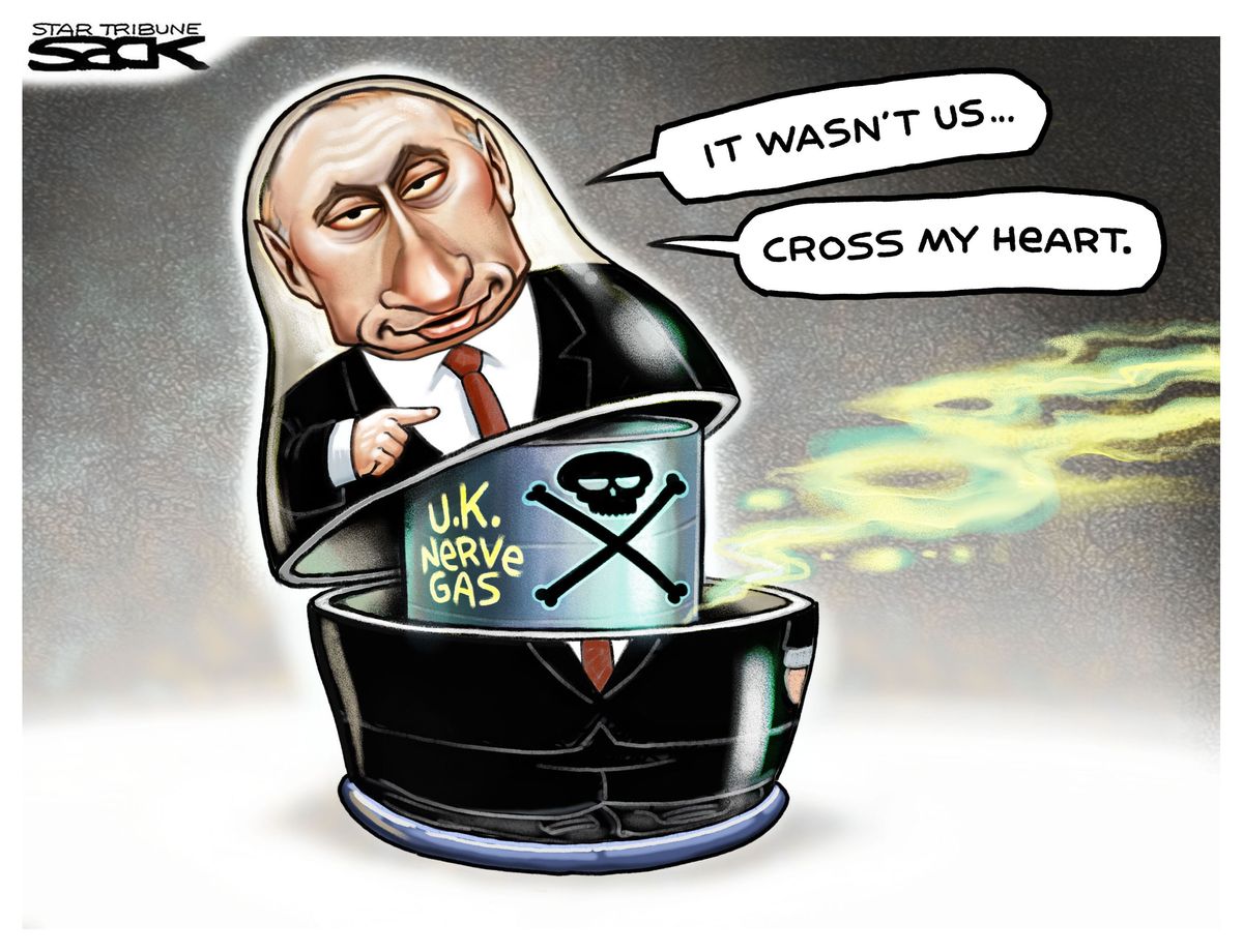 Political cartoon world Vladimir Putin Russia nerve gas poisoning U.K ...