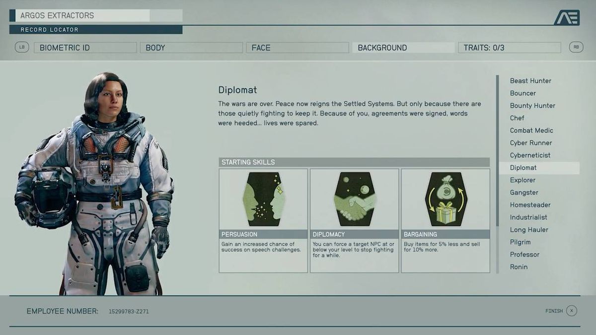 All the Starfield backgrounds and starting skills we've seen so far ...