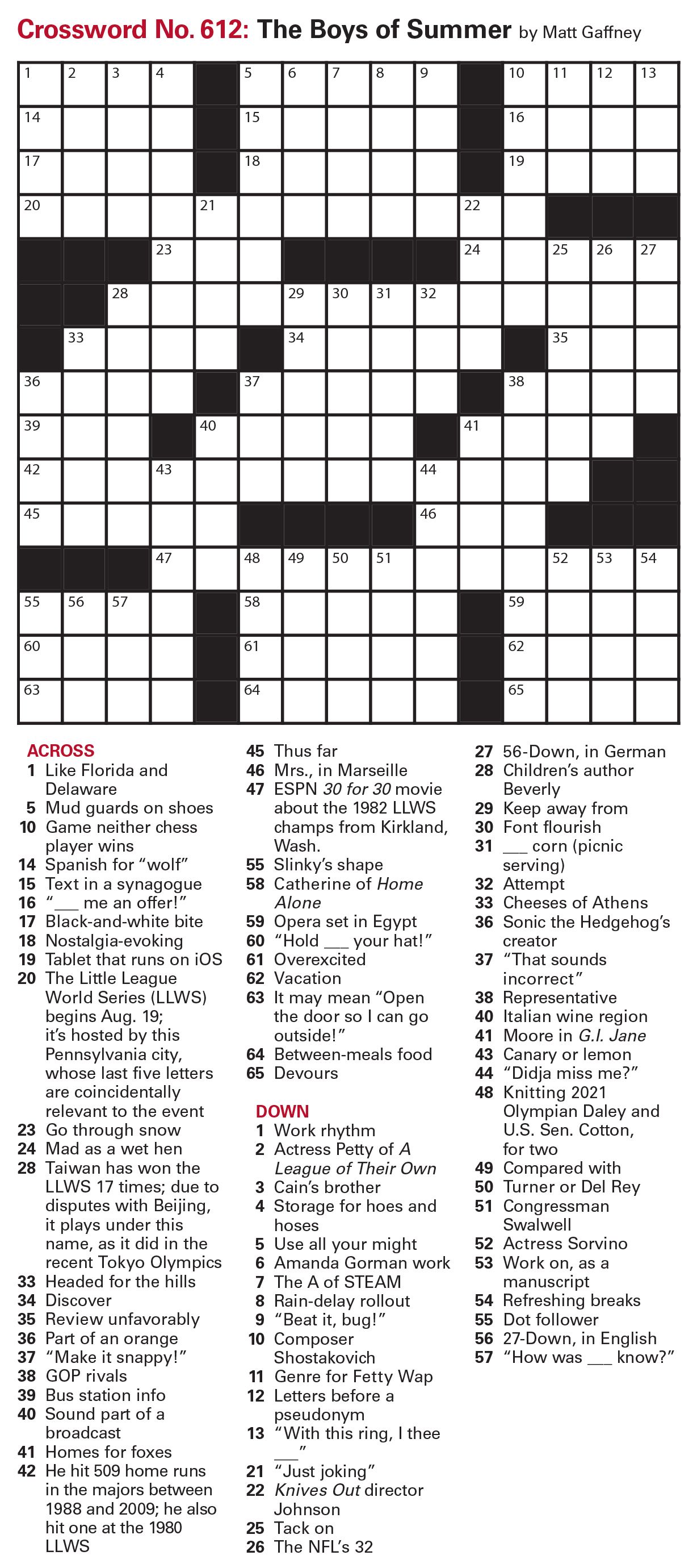 Puzzles: Printable Crossword and Sudoku - Issue: August 20, 2021 ...