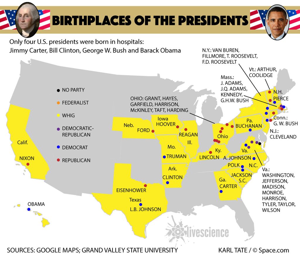Map of the Birthplaces of the Presidents (Infographic) | Live Science