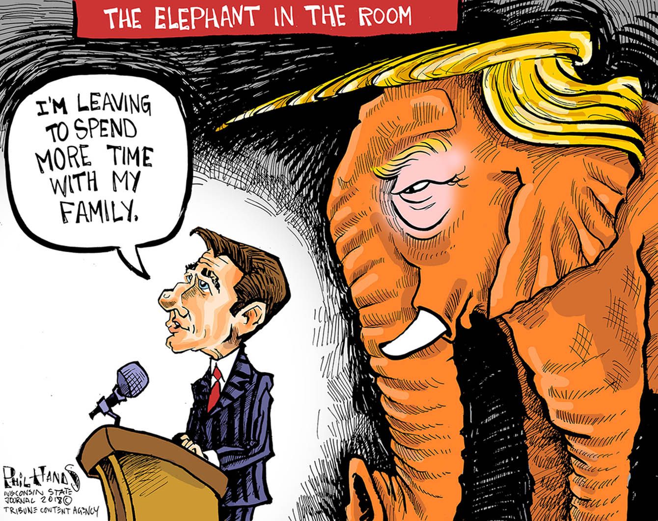 Political cartoon U.S. Paul Ryan retirement Trump elephant in the room ...