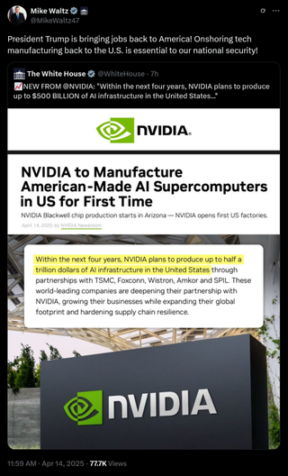White House claims 'the Trump Effect in action' as Nvidia announces plans to build AI chips and ...