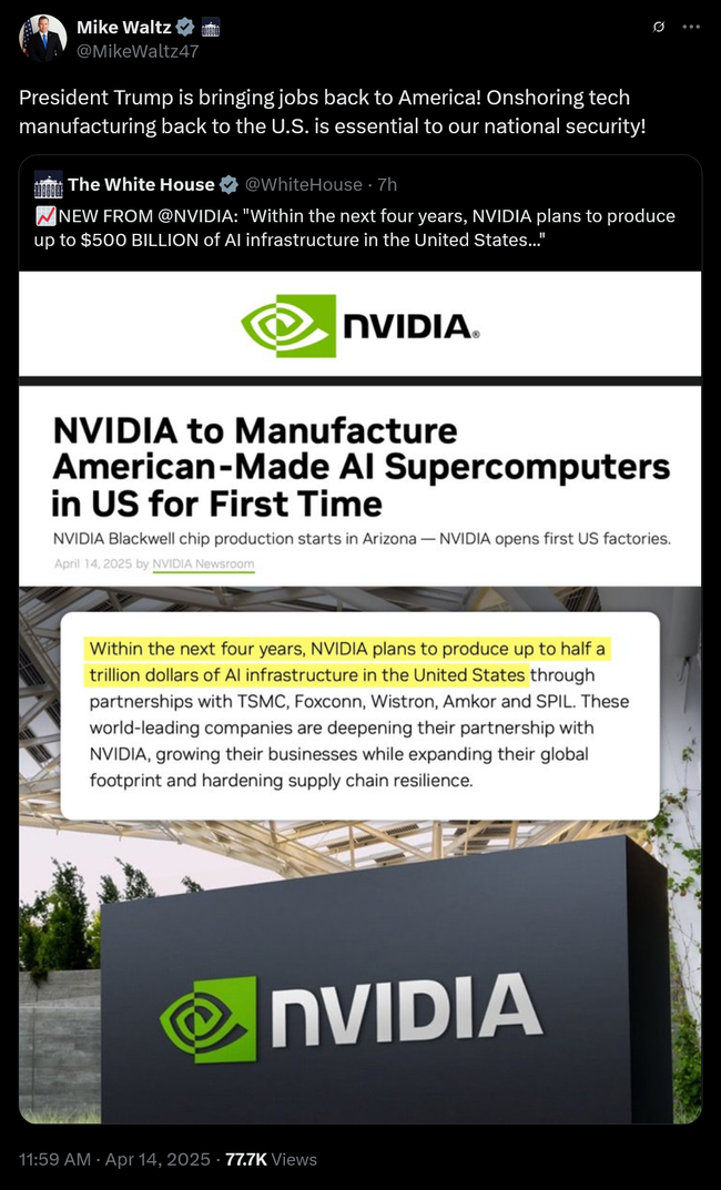 White House claims 'the Trump Effect in action' as Nvidia announces plans to build AI chips and ...