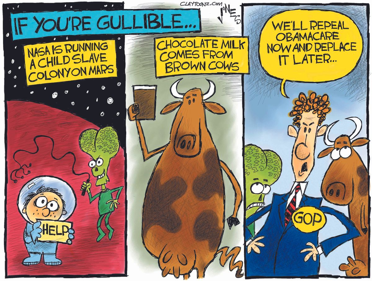 Political cartoon U.S. Trump congress Obamacare repeal gullible | The Week