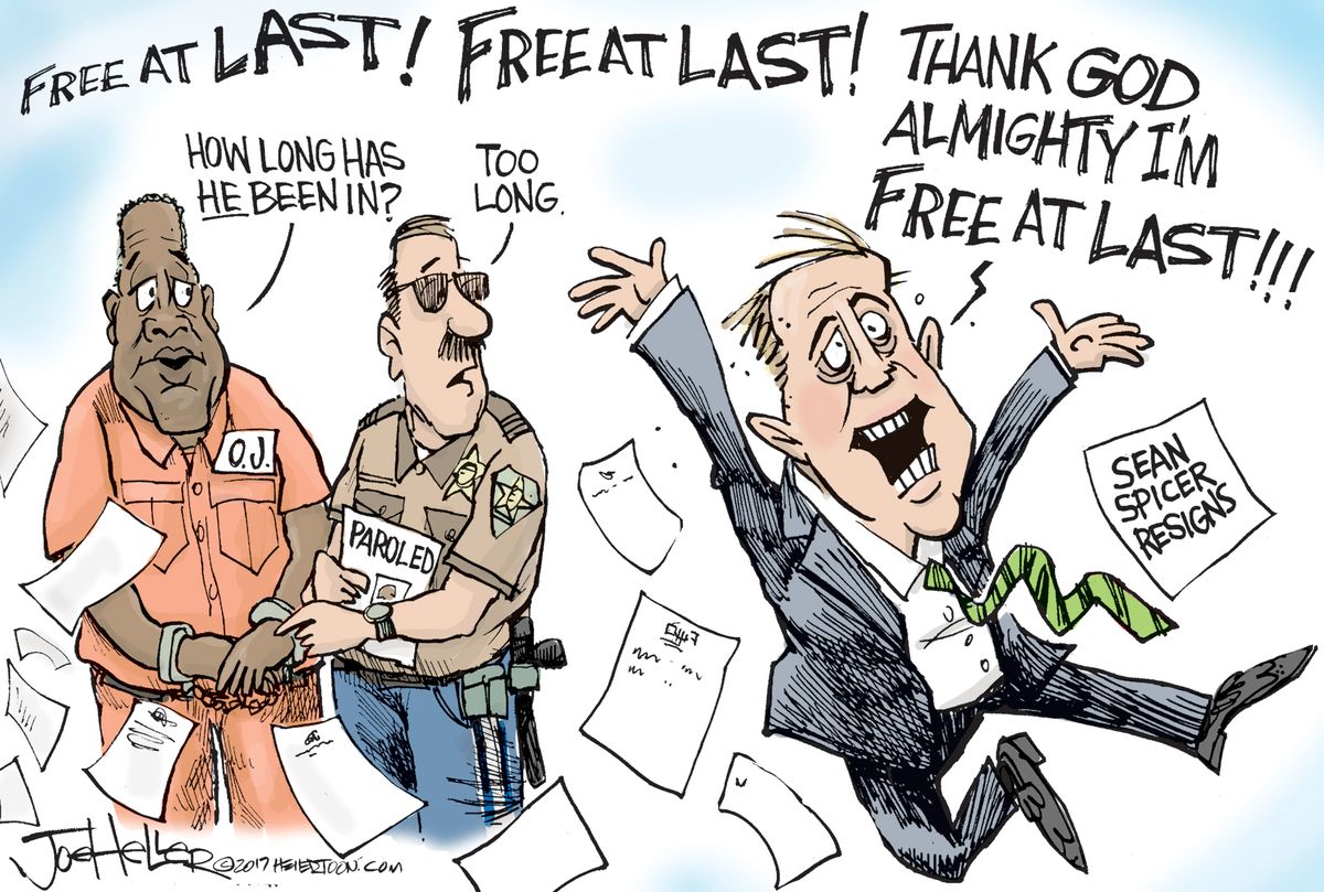 Political cartoon U.S. Sean Spicer resignation O.J. Simpson parole ...