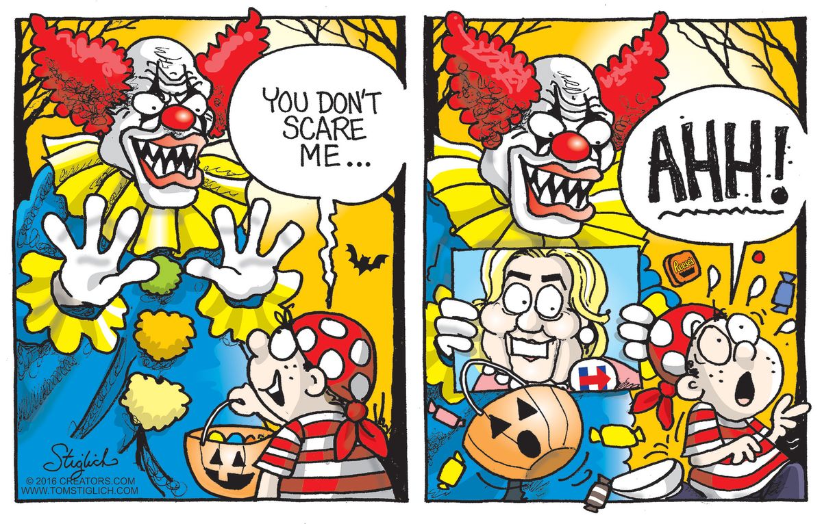 Political cartoon U.S. 2016 election Hillary Clinton clown Halloween ...