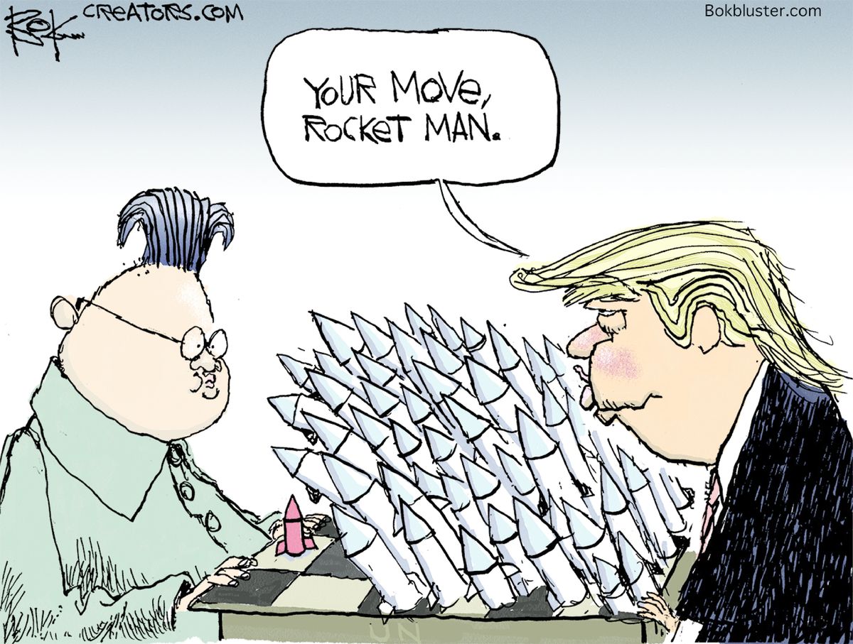 Political cartoon World Trump Kim Jong-Un nuclear weapons Rocket Man ...