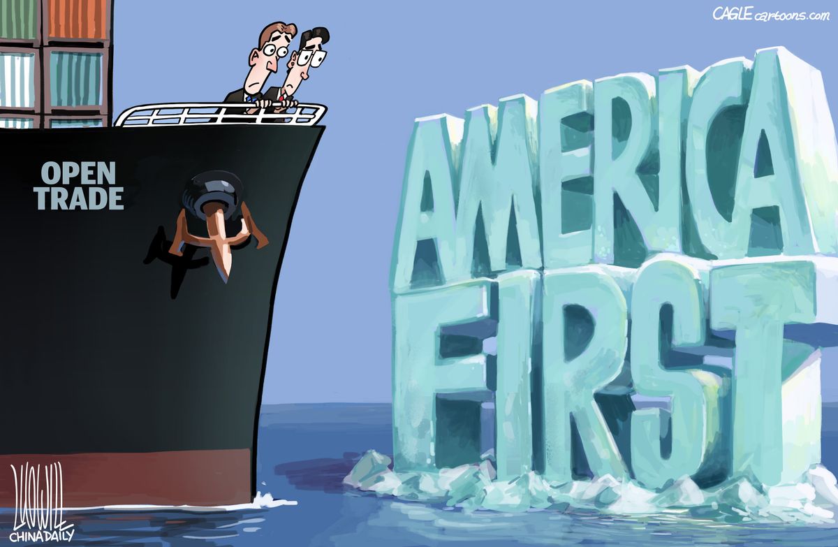 Political cartoon U.S. Trump trade war America first | The Week