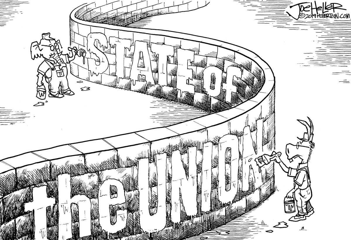 Political cartoon U.S. state of the union republicans democrats wall ...