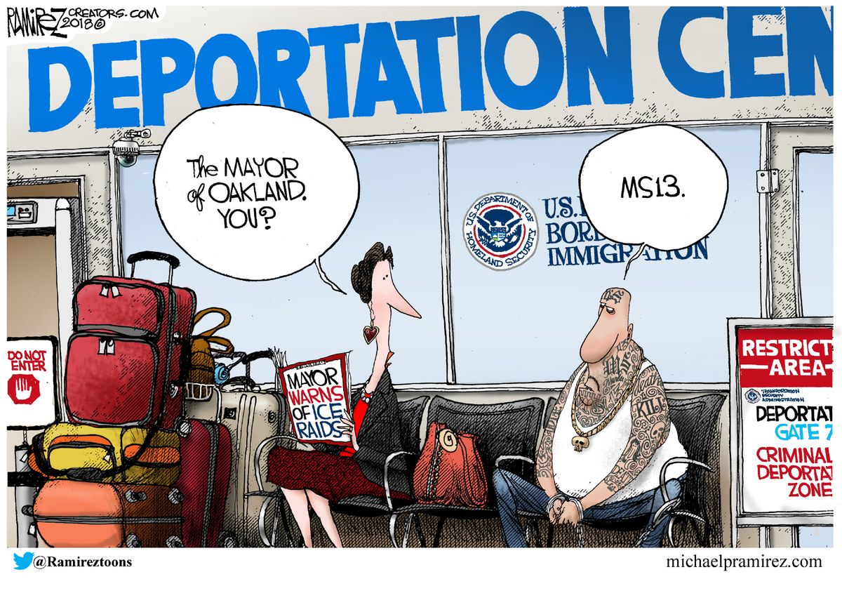 Political cartoon U.S. Libby Schaaf ICE raids immigration MS-13 | The Week