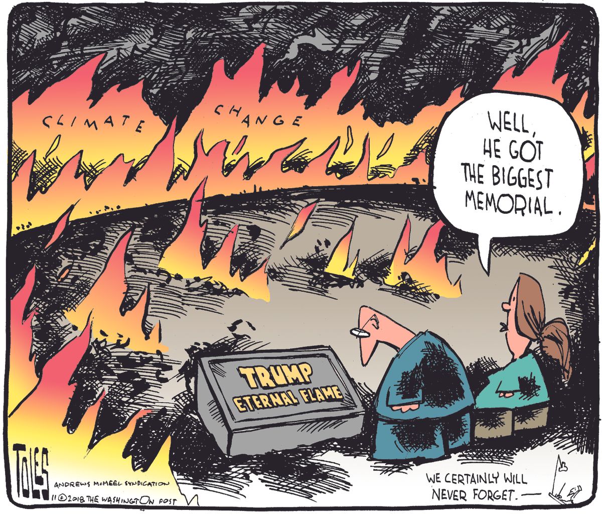 Political cartoon U.S. Trump eternal flame climate change California ...