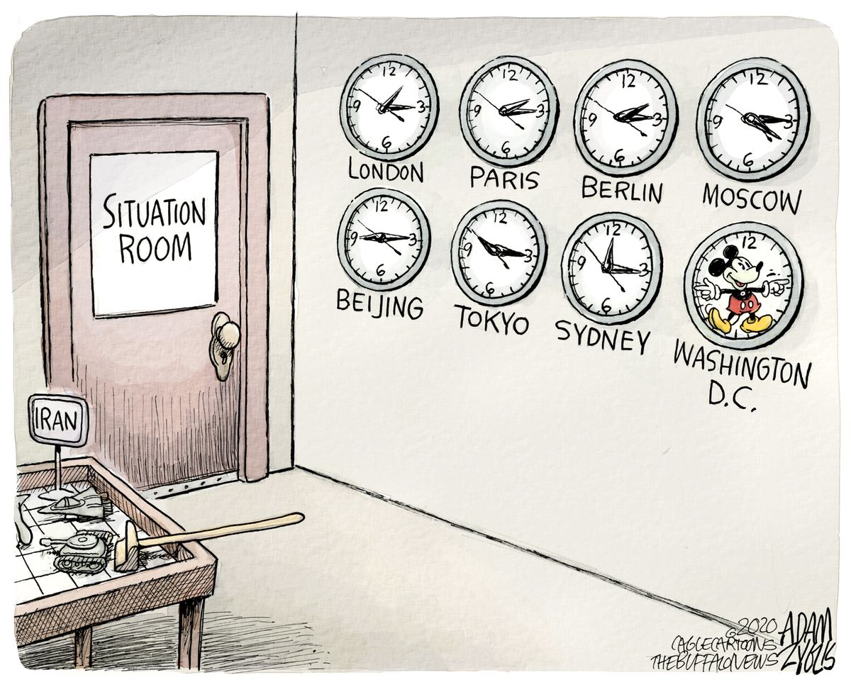 Political Cartoon U.S. Trump situation room Iran Mickey Mouse | The Week