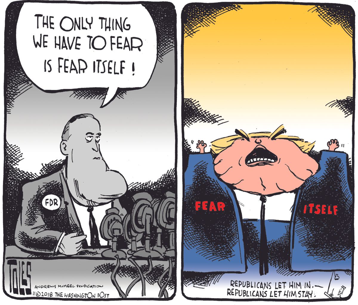Political cartoon U.S. FDR the only thing we have to fear is fear ...