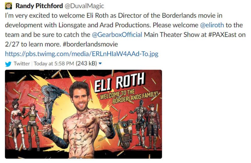 The Borderlands movie is apparently being directed by gore lover Eli Roth | PC Gamer