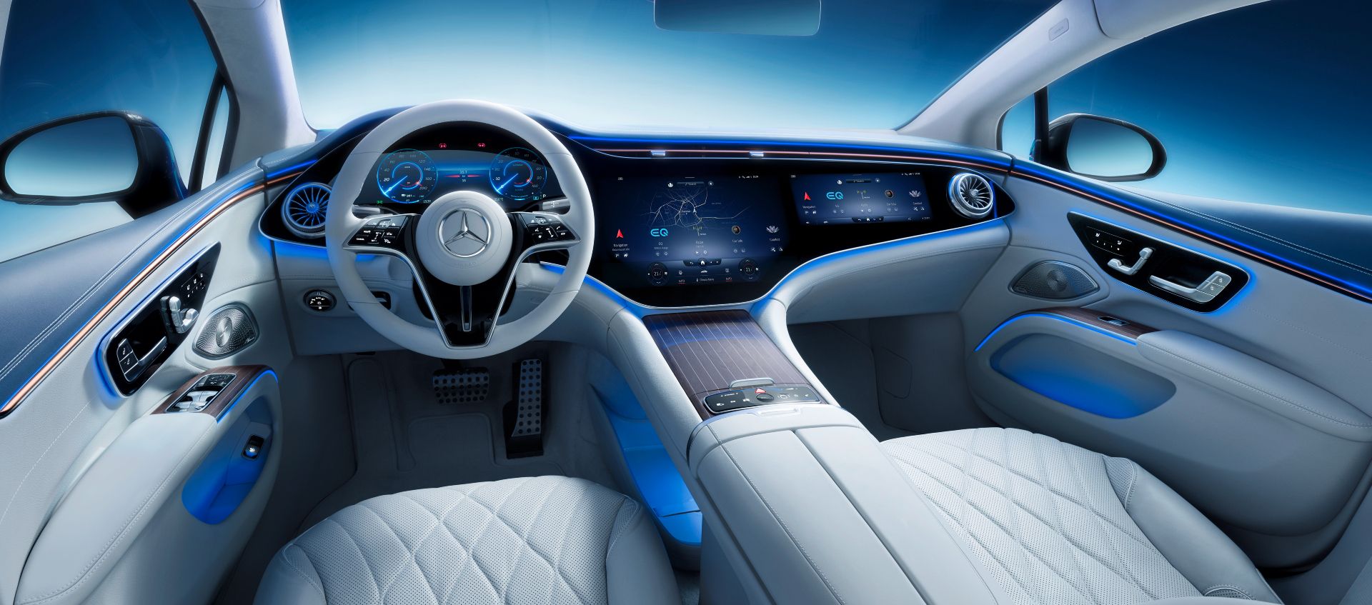 Behind the button-festooned wheel of the Mercedes-Benz EQS | Wallpaper