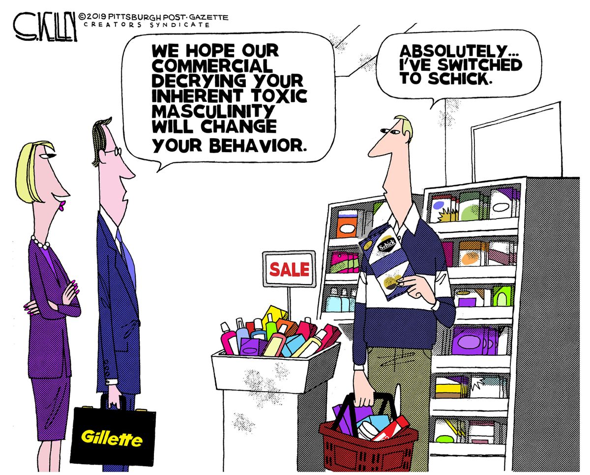 Editorial cartoon U.S. Gillette advertising toxic masculinity | The Week
