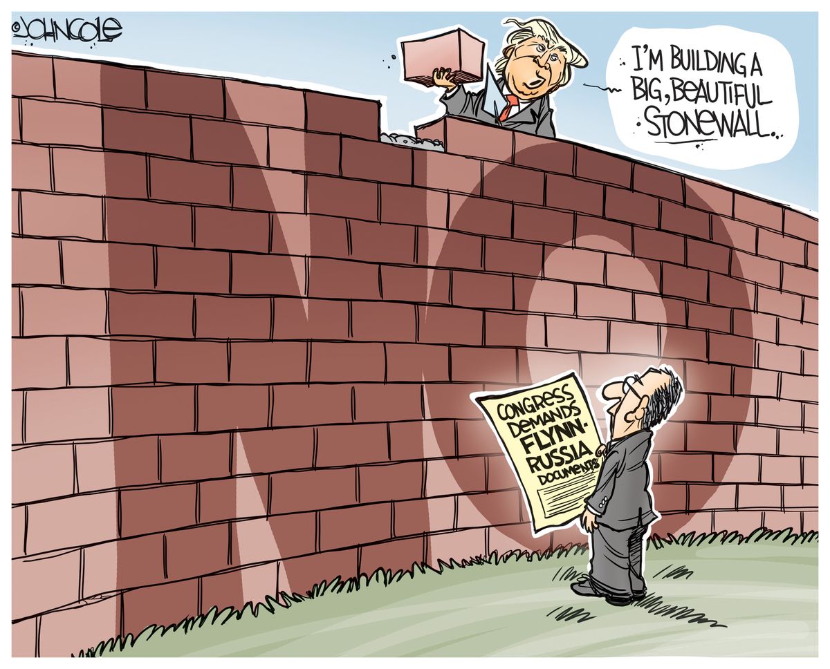Political Cartoon U.S. President Trump Mexico border wall Michael Flynn ...