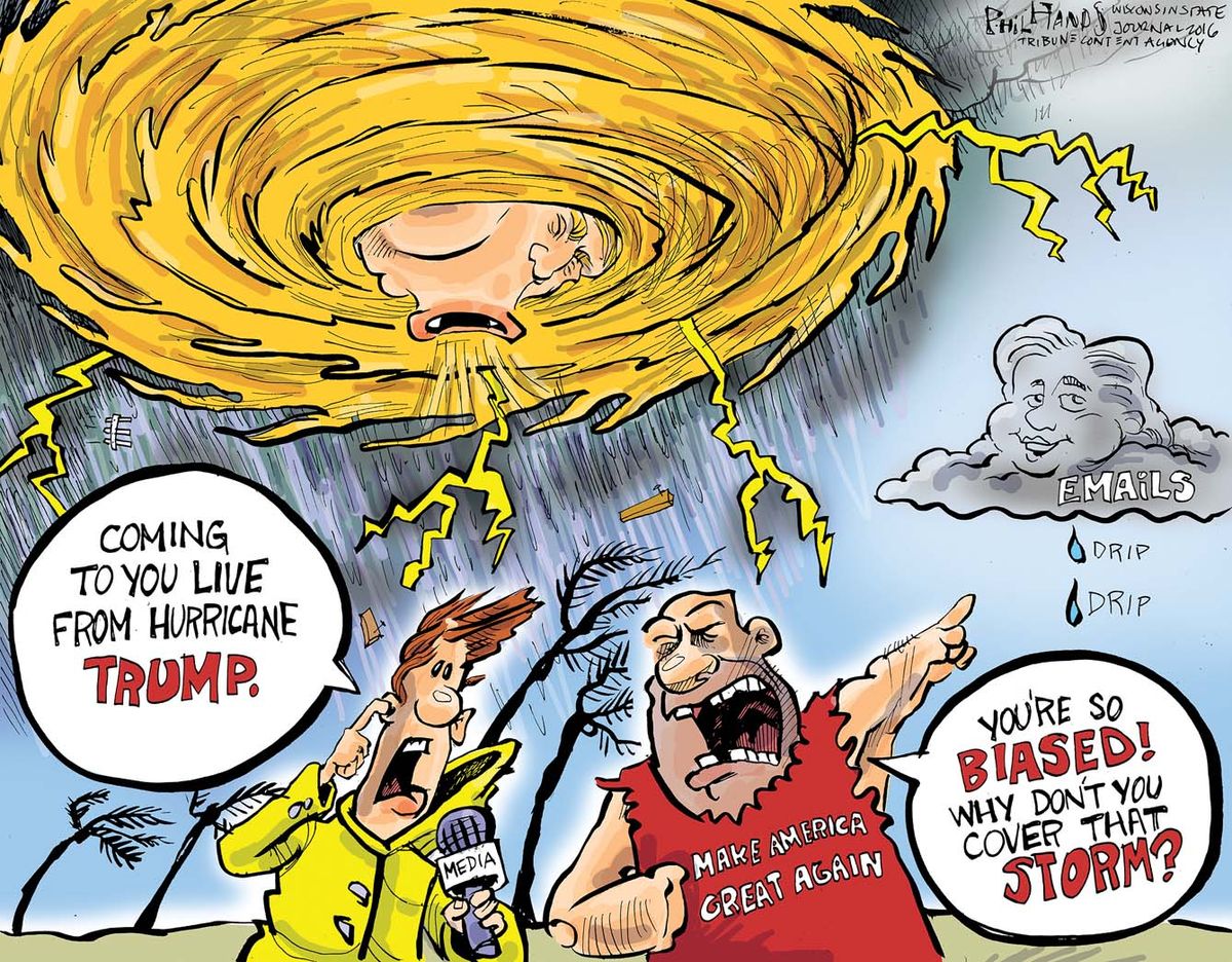 Political cartoon U.S. 2016 election Donald Trump hurricane Hillary ...