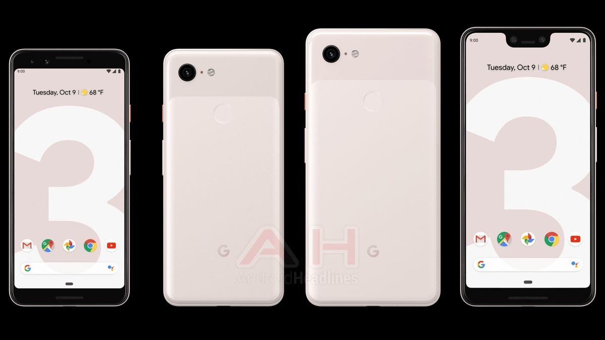 Google Pixel 3 and Pixel 3XL shown off front and back in three colours | T3