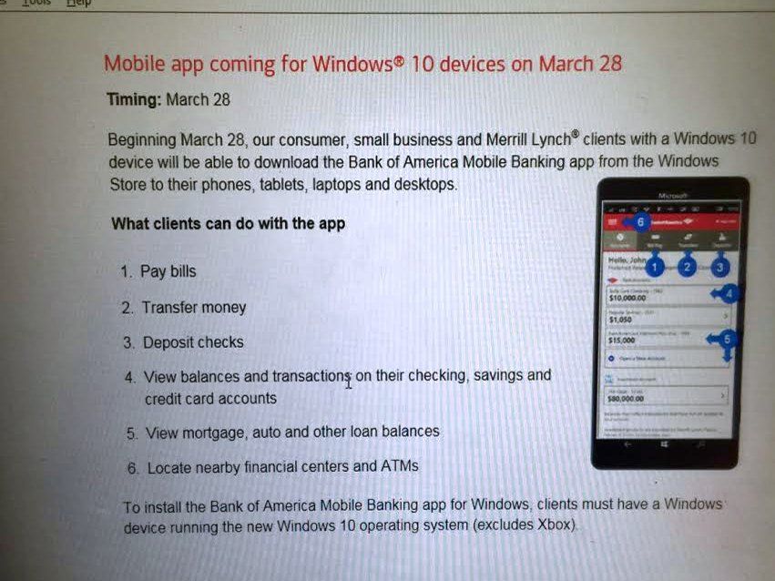Bank of America universal app for Windows 10 and Mobile slated for ...