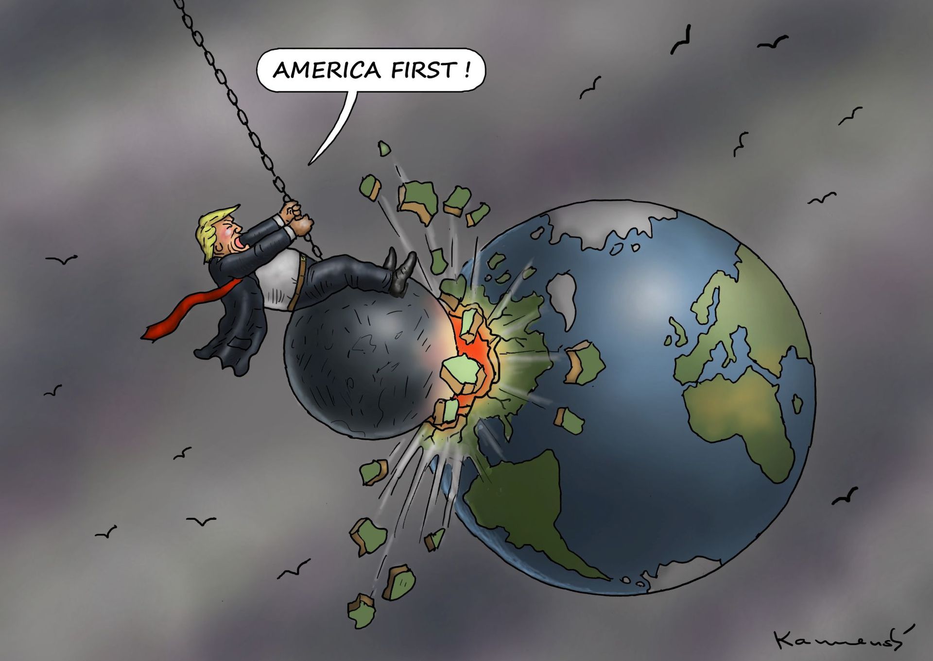 Political Cartoon U.S. America first Trump wrecking ball | The Week