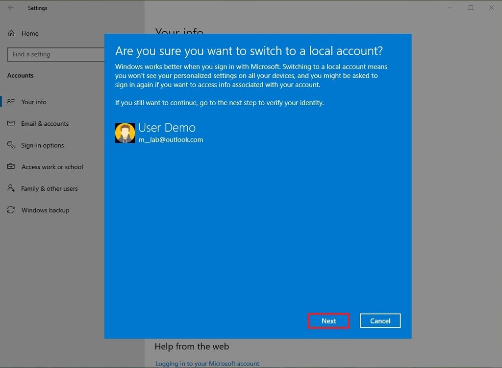 How to switch to a local account from a Microsoft account on Windows 10 ...