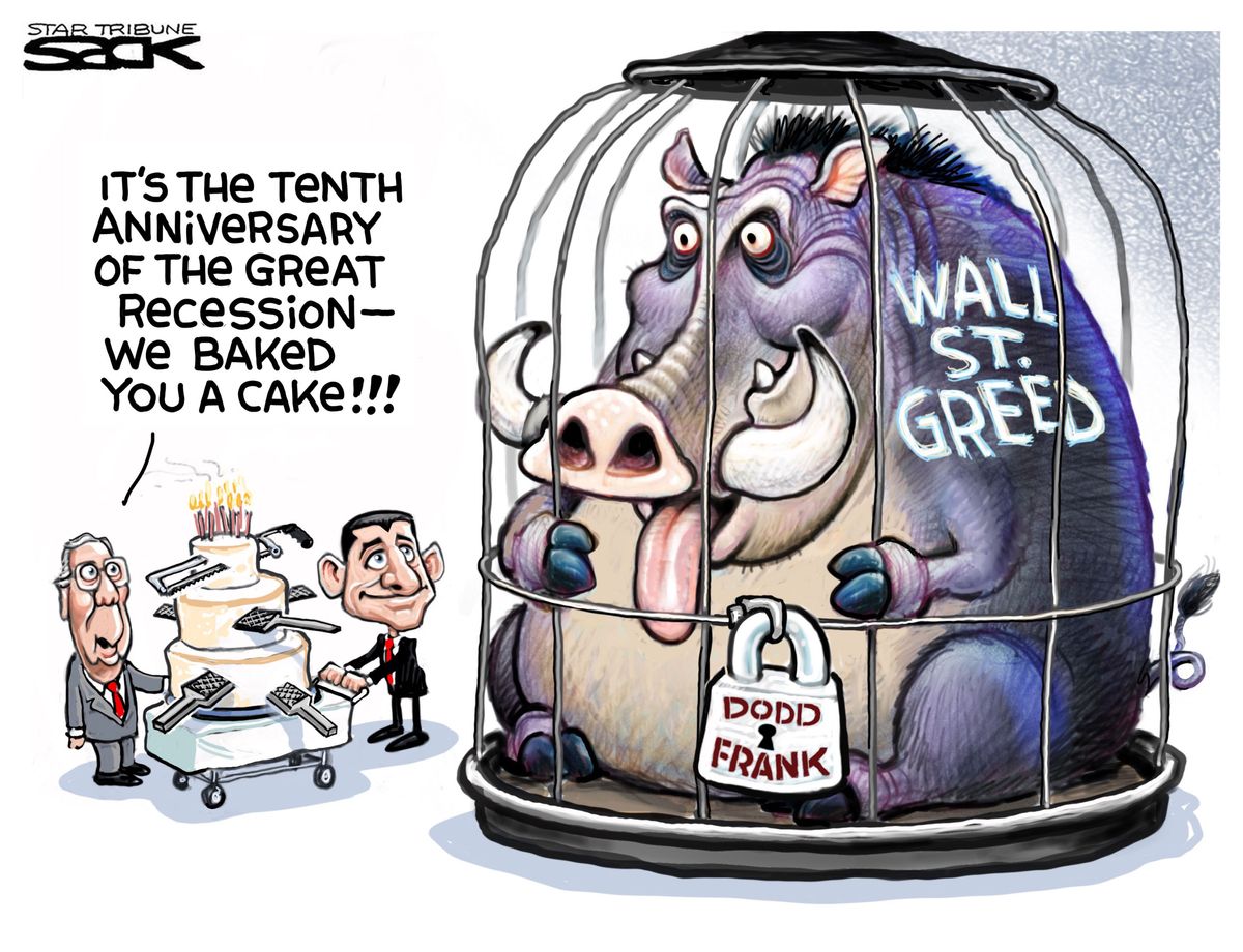 Political cartoon U.S. recession Wall Street Mitch McConnell Paul Ryan ...