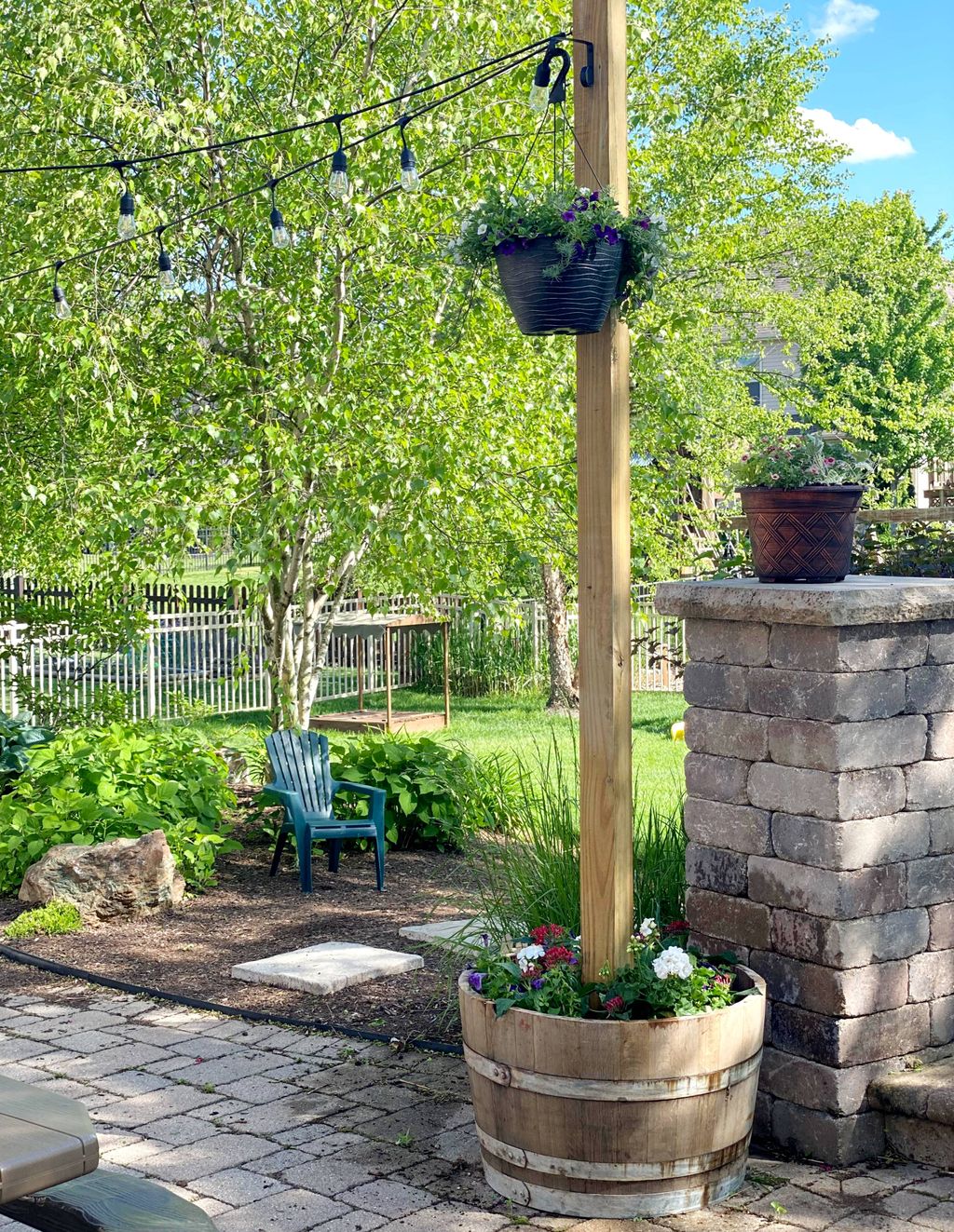 A clever, inexpensive barrel planter DIY transformed this patio space ...