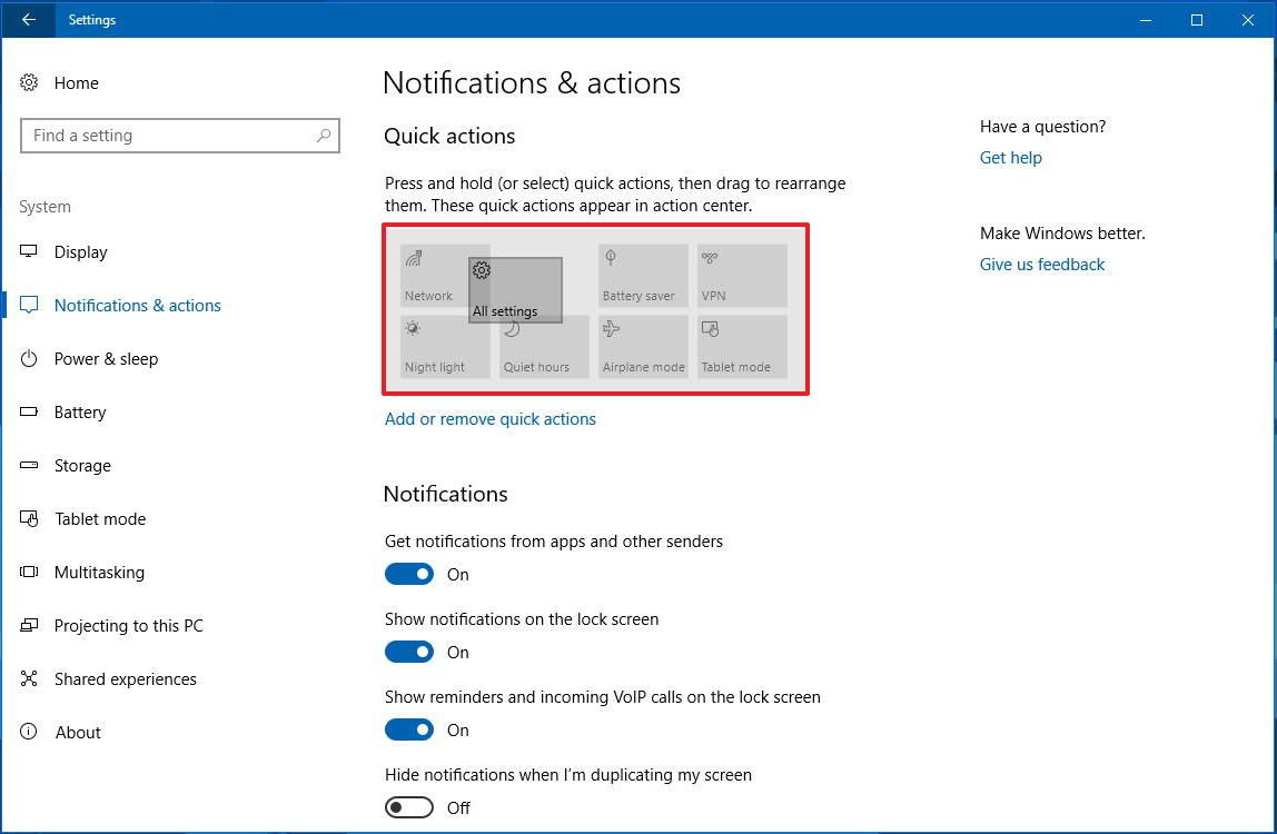 How to organize Windows 10 Action Center Quick actions buttons ...