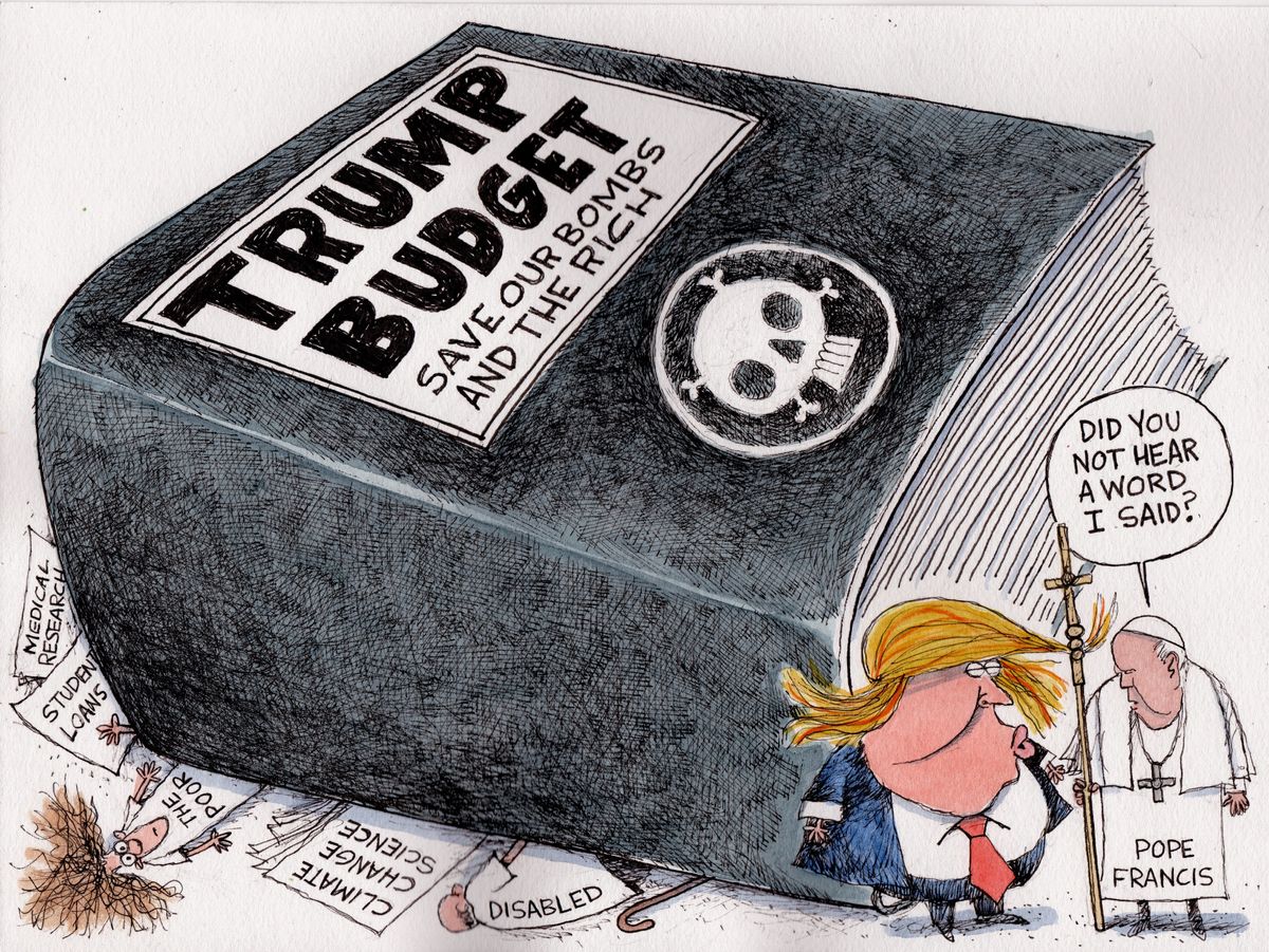 Political cartoon U.S. Trump budget bombs poor disabled climate change ...