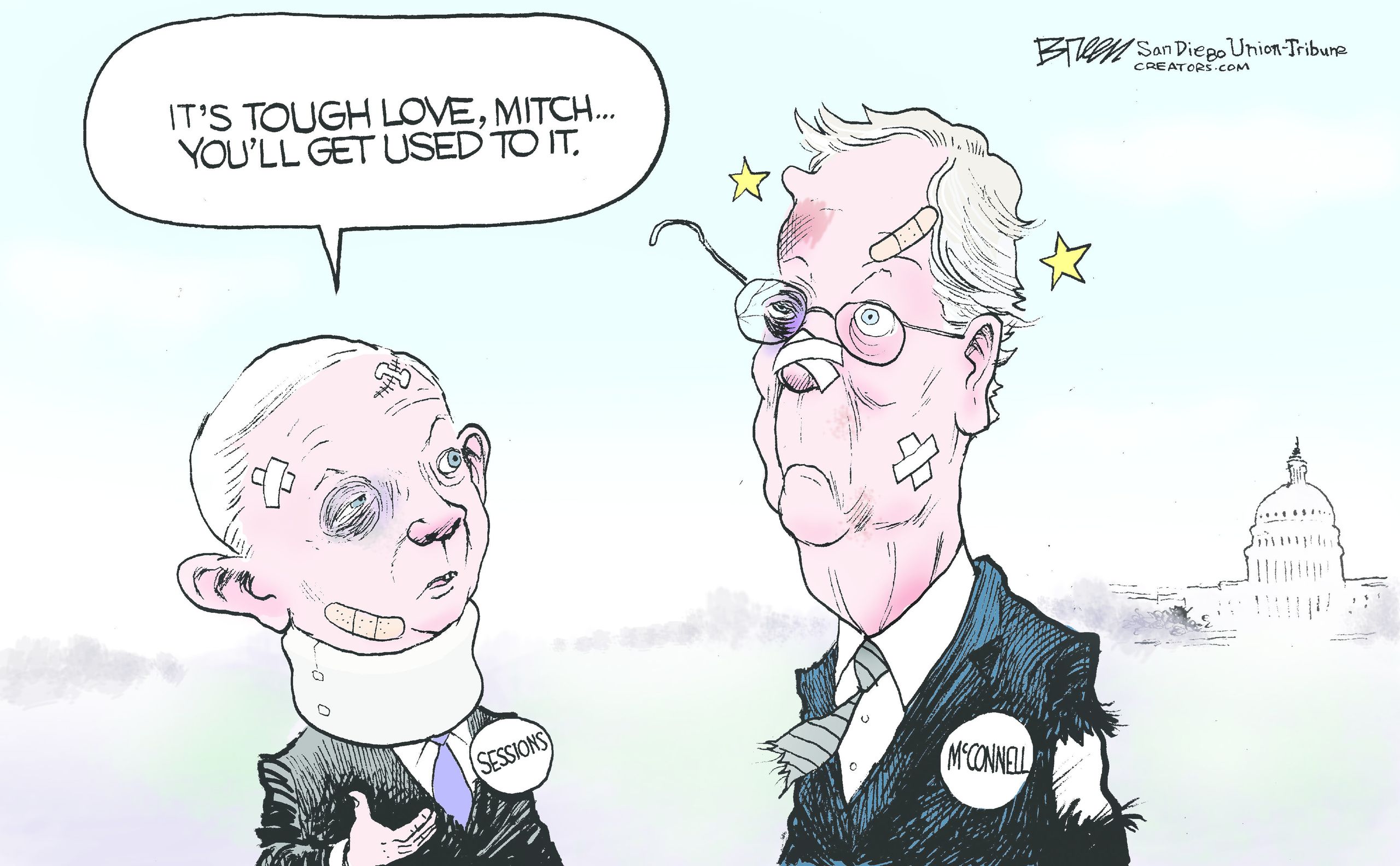 Political cartoon U.S. Trump Mitch McConnell Jeff Sessions tough love ...