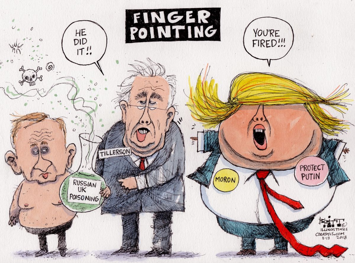 Political cartoon U.S. Rex Tillerson firing moron comment Trump Russia ...