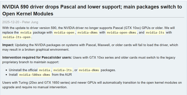 يقوم Arch Linux بإيقاف دعم Nvidia Pascal GPU - سيتعين على المستخدمين الذين ما زالوا يشغلون ...