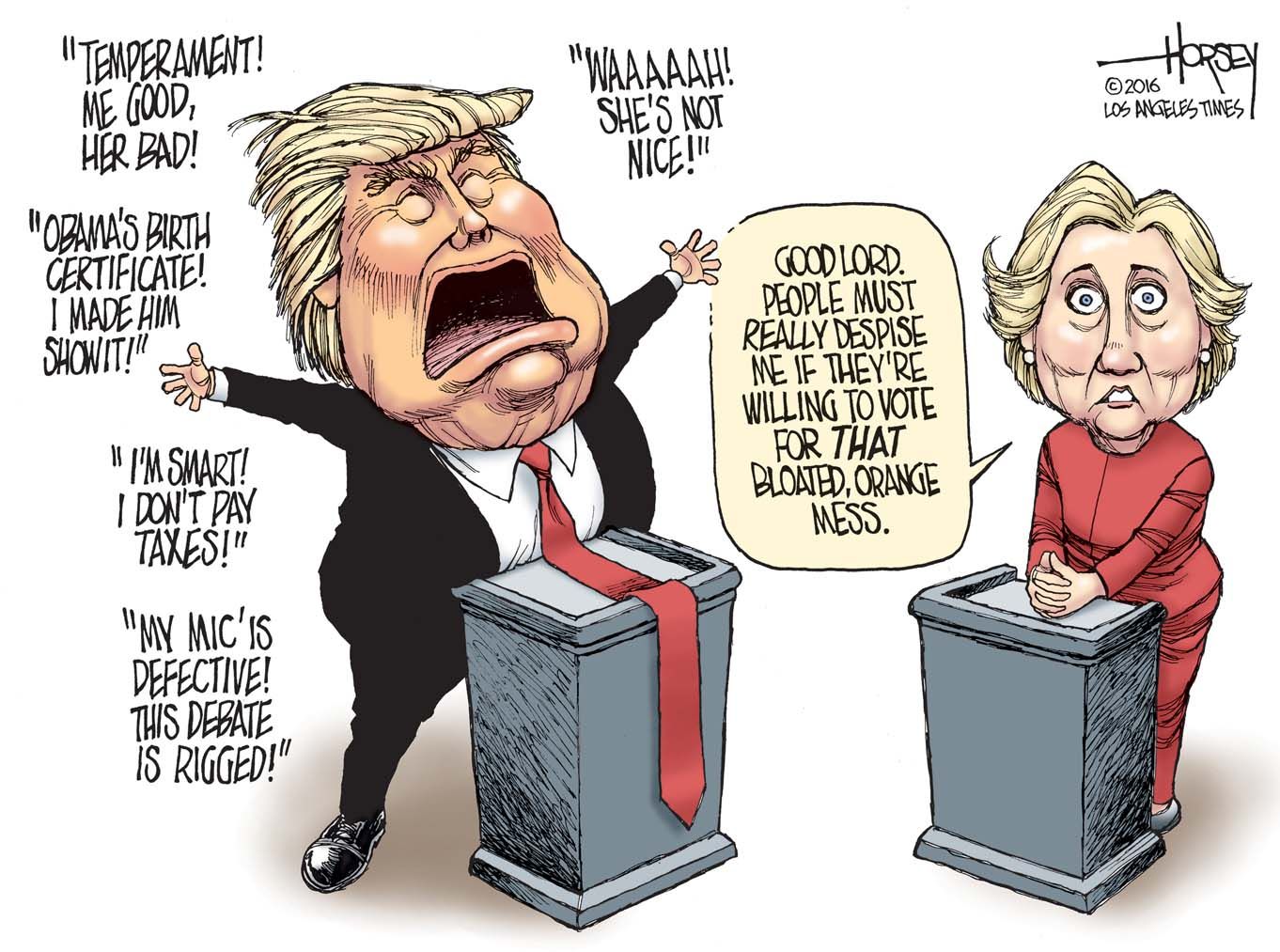Political cartoon U.S. 2016 election Donald Trump Hillary Clinton first ...