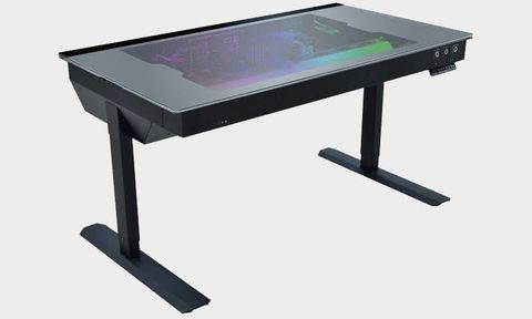 You can fit two liquid cooled PCs inside this motorized standing desk ...