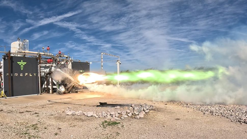 Firefly Aerospace's new rocket engine spouts green flames in 1st 'hot ...