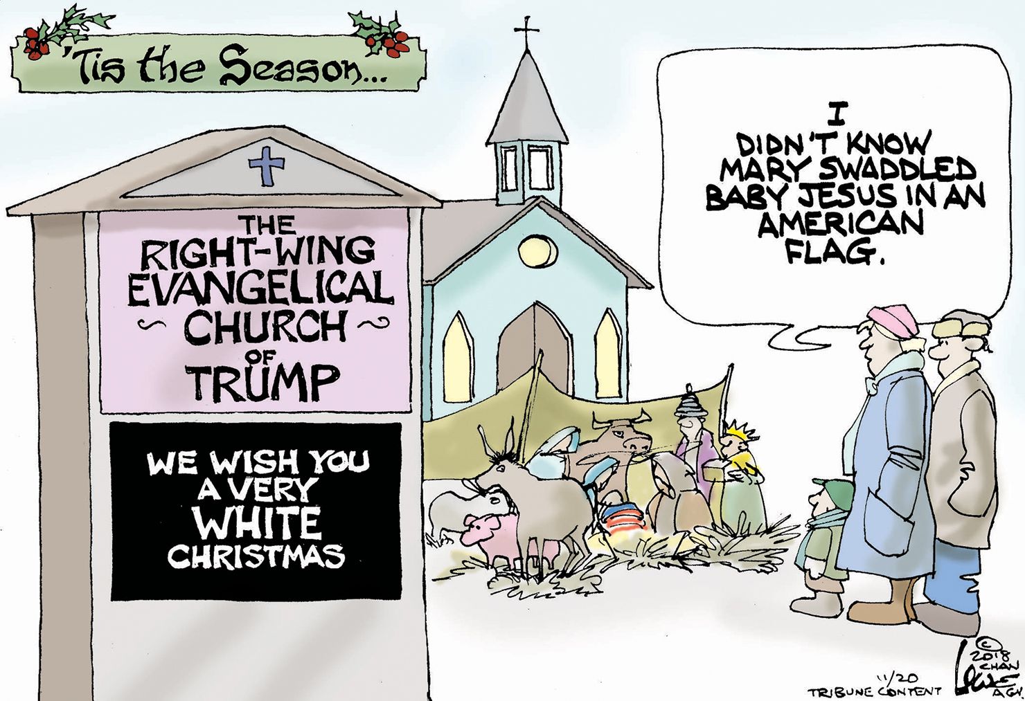 Political cartoon U.S. right-wing Trump racist baby Jesus American flag ...