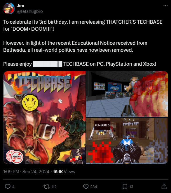 After Bethesda kicked it off Doom's mod browser for 'real world politics', Thatcher's Techbase ...