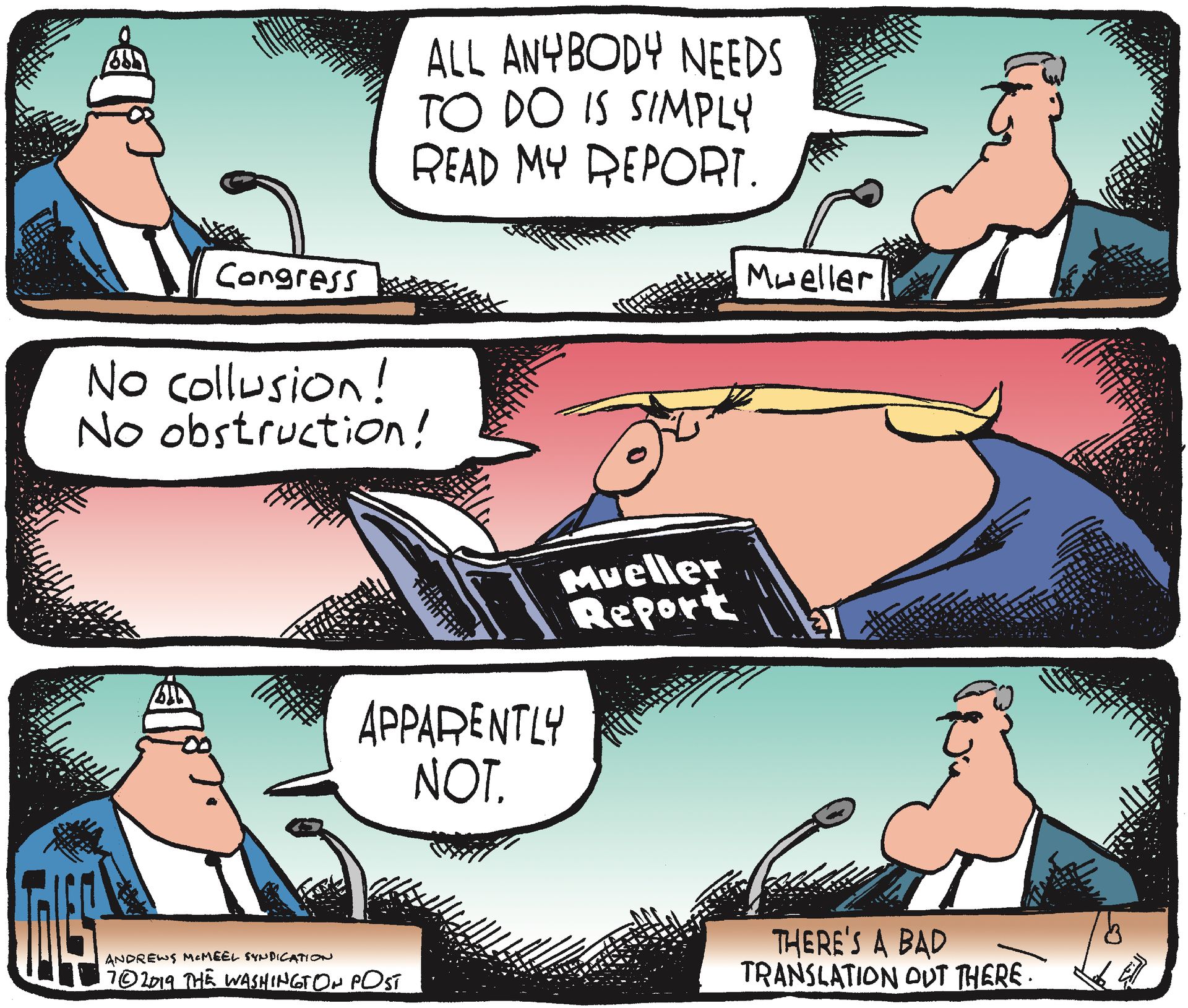 Political Cartoon U.S. Mueller Report Trump No Obstruction No Collusion ...
