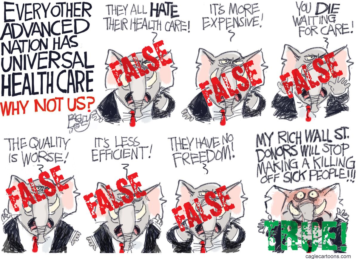 Political cartoon U.S. GOP universal single payer health care | The Week