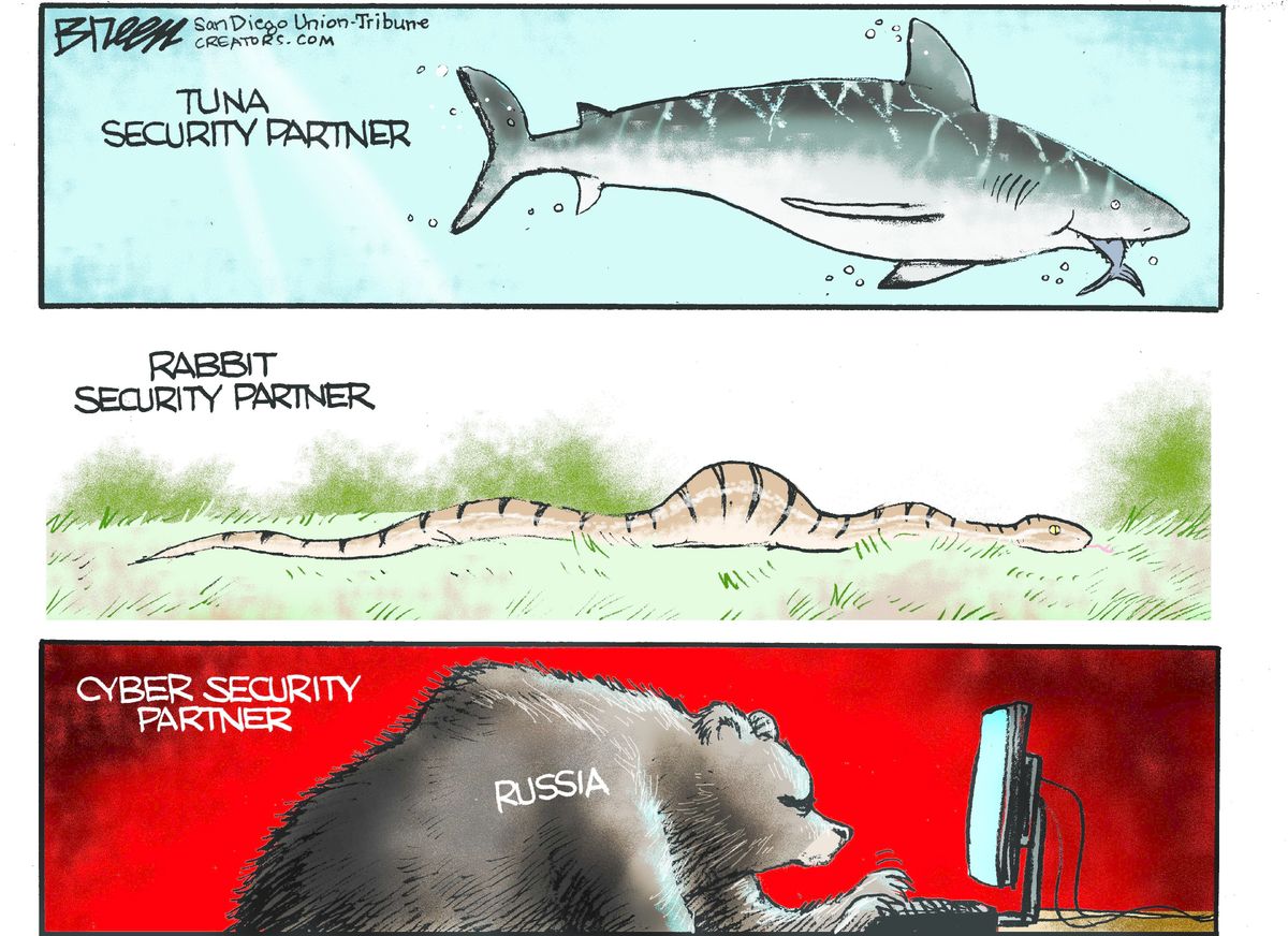 Political cartoon U.S. G20 summit Trump Russian hacks cybersecurity ...